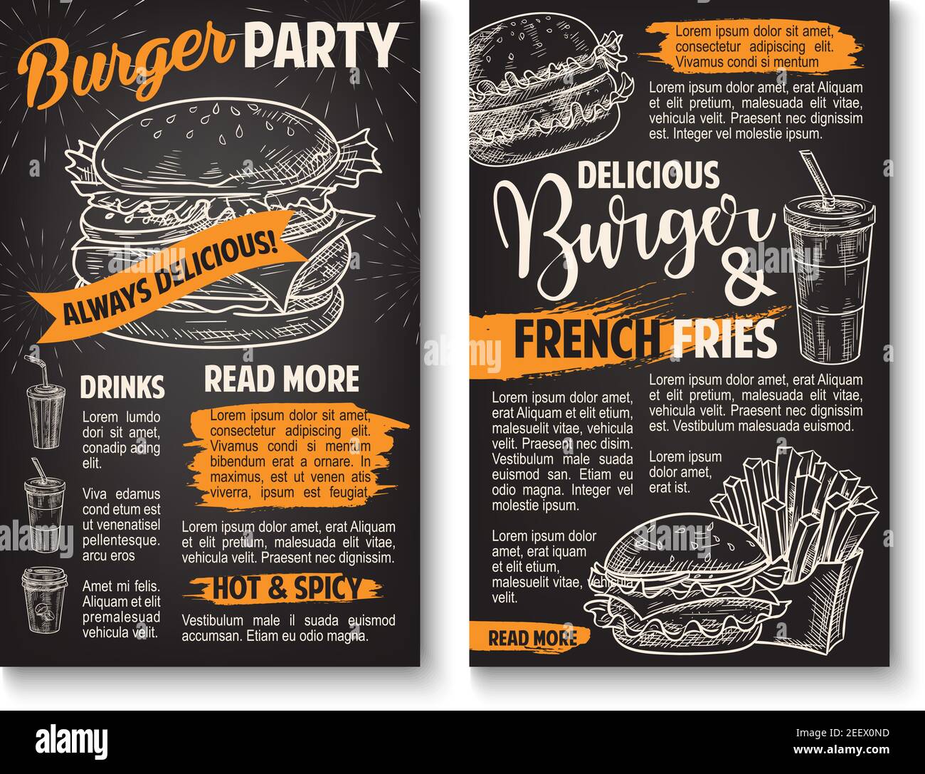 Fast food burgers sketch posters for fastfood restaurant menu. Vector ...