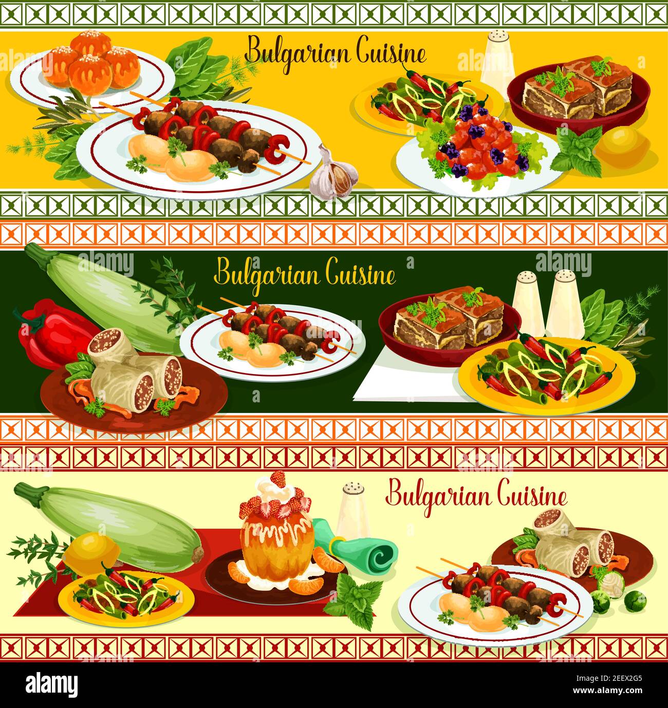 Bulgarian cuisine restaurant banner of dinner menu with main dishes and ...
