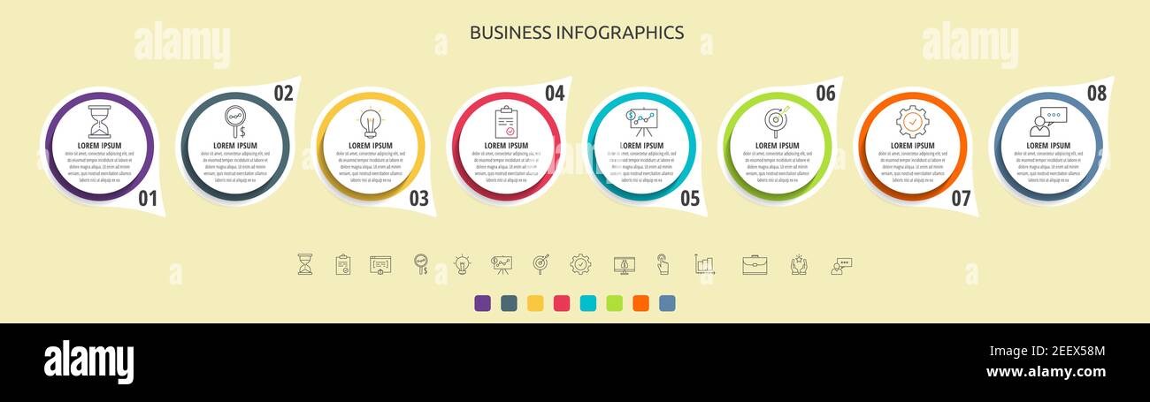 Vector circles infographic with 8 steps, labels. Timeline used for diagram, chart, web, banner ...