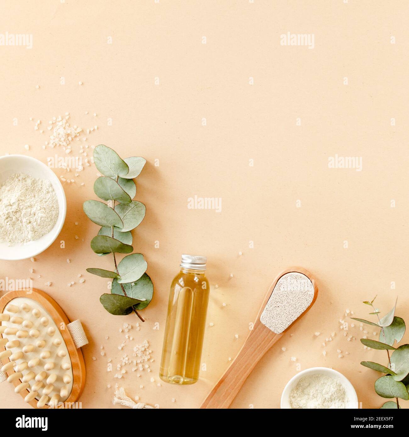 Spa treatment concept. Natural, Organic spa cosmetics products with eucalyptus oil, sea salt ...