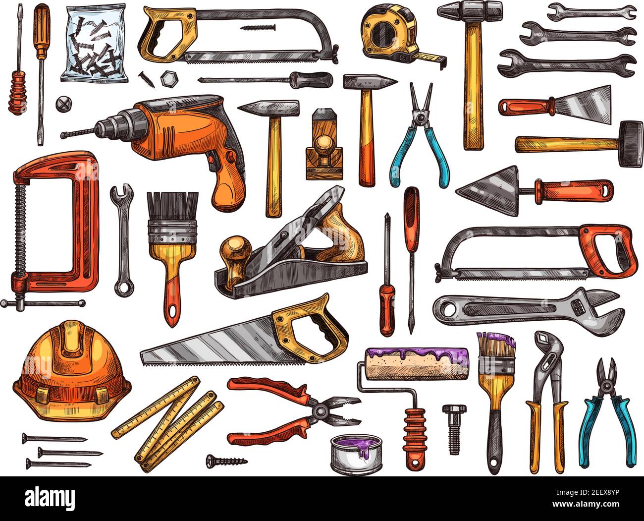 Tool for construction and repair work sketch set. Hammer, screwdriver ... Tool for construction and repair work sketch set. Hammer, screwdriver ...