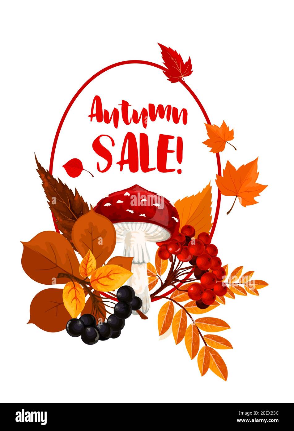 Autumn season sale poster. Fall nature, forest mushroom and berry ...