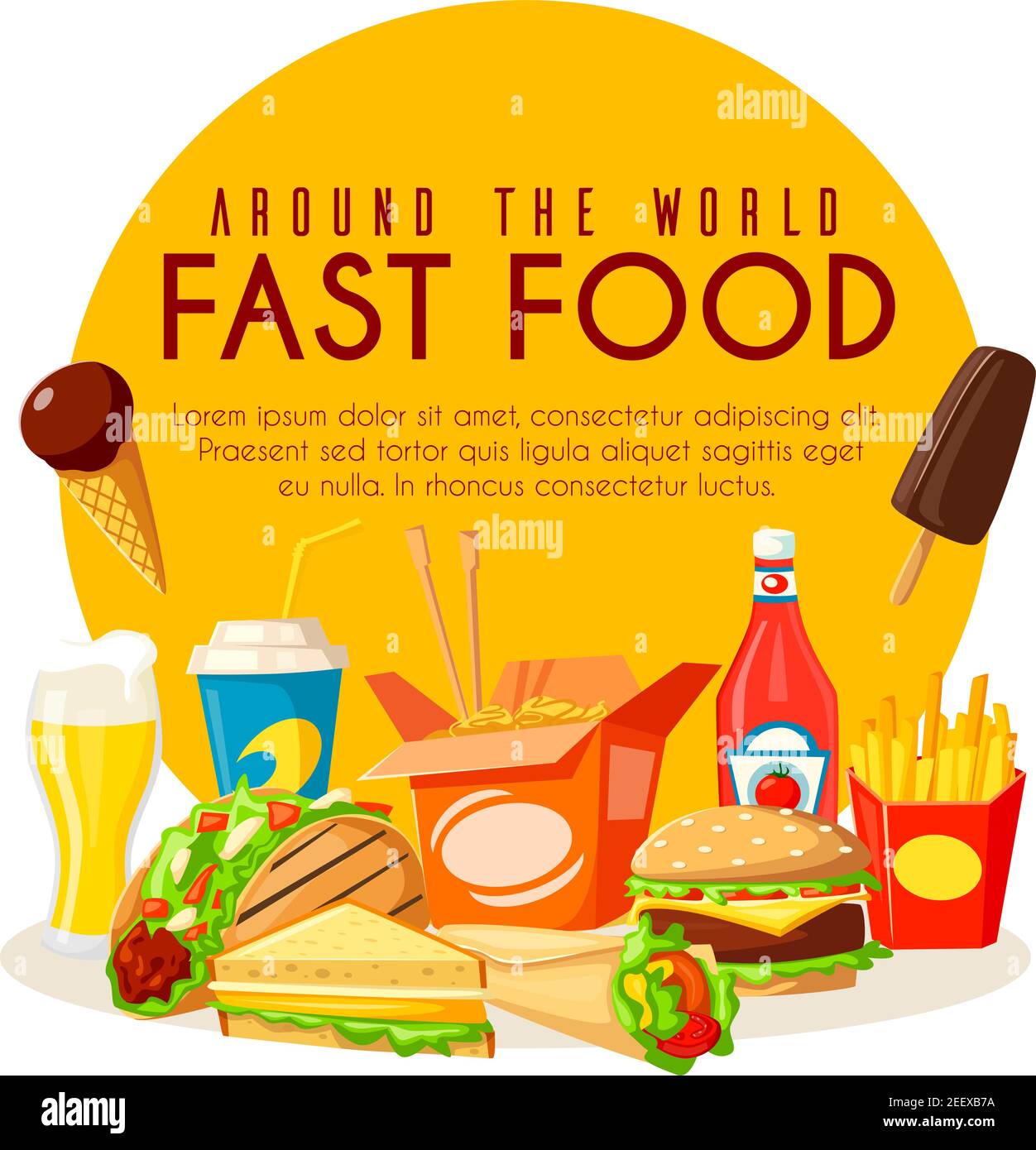 Fast food cartoon poster with street food from around the world ...