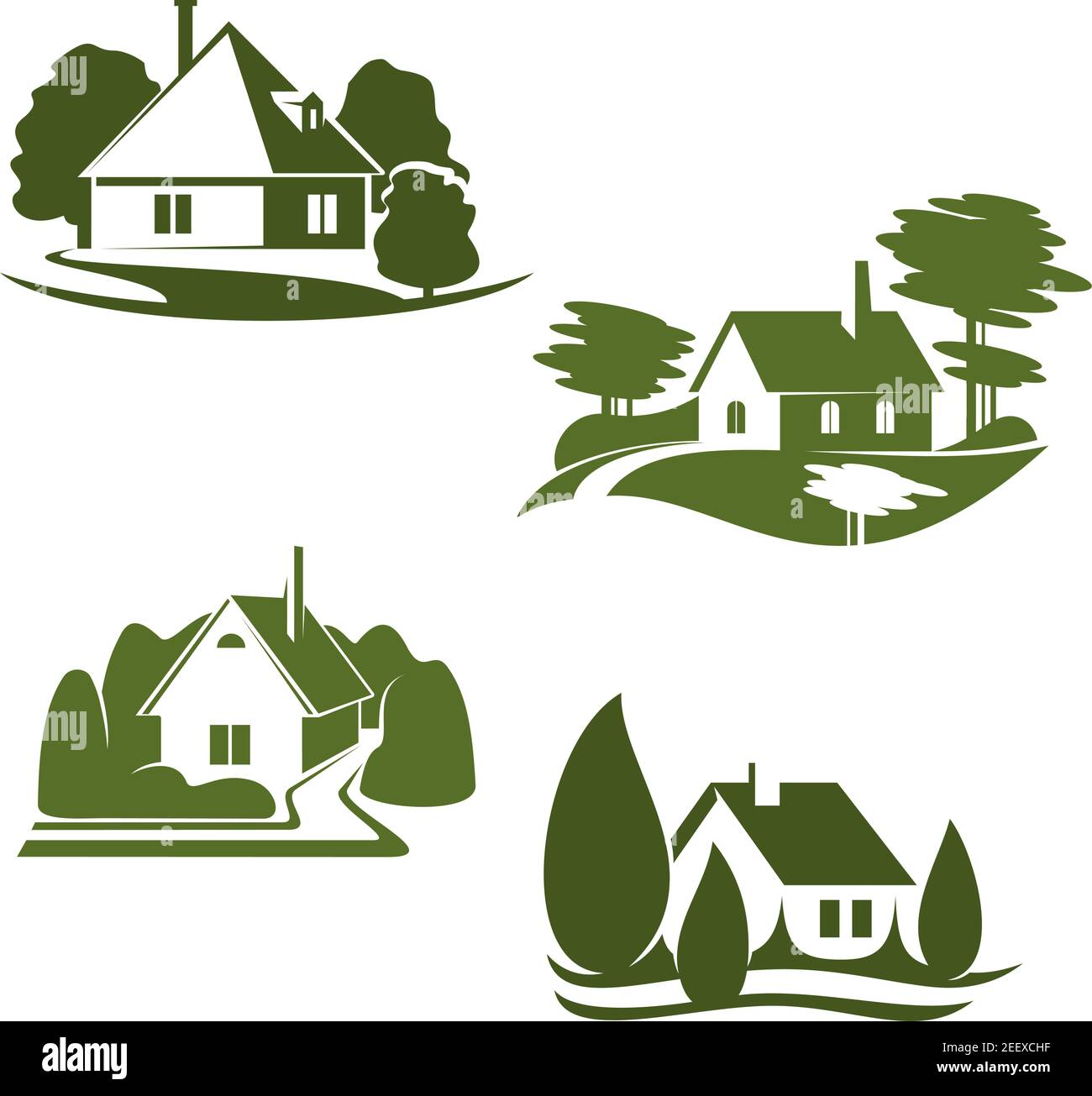 Eco green house isolated icon set. Eco city green home symbol with ...