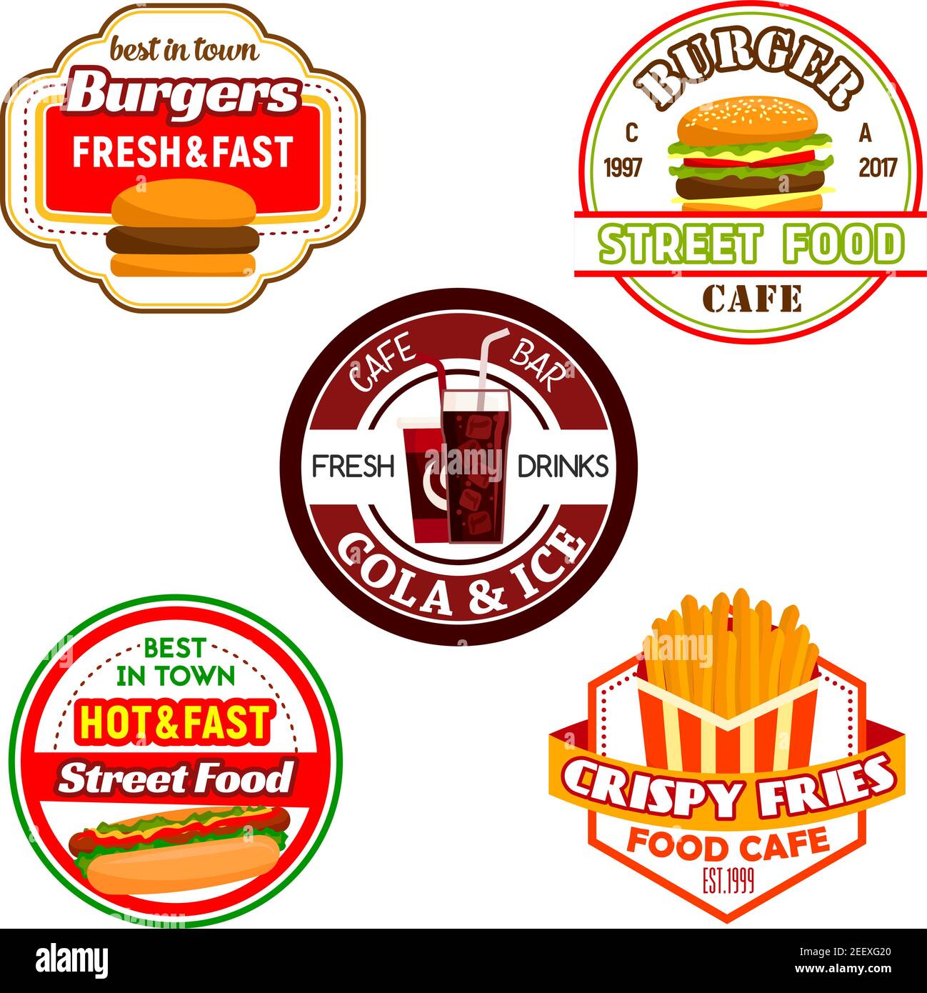 Fast food burger snack and soda drink label set. Hamburger, hot dog ...