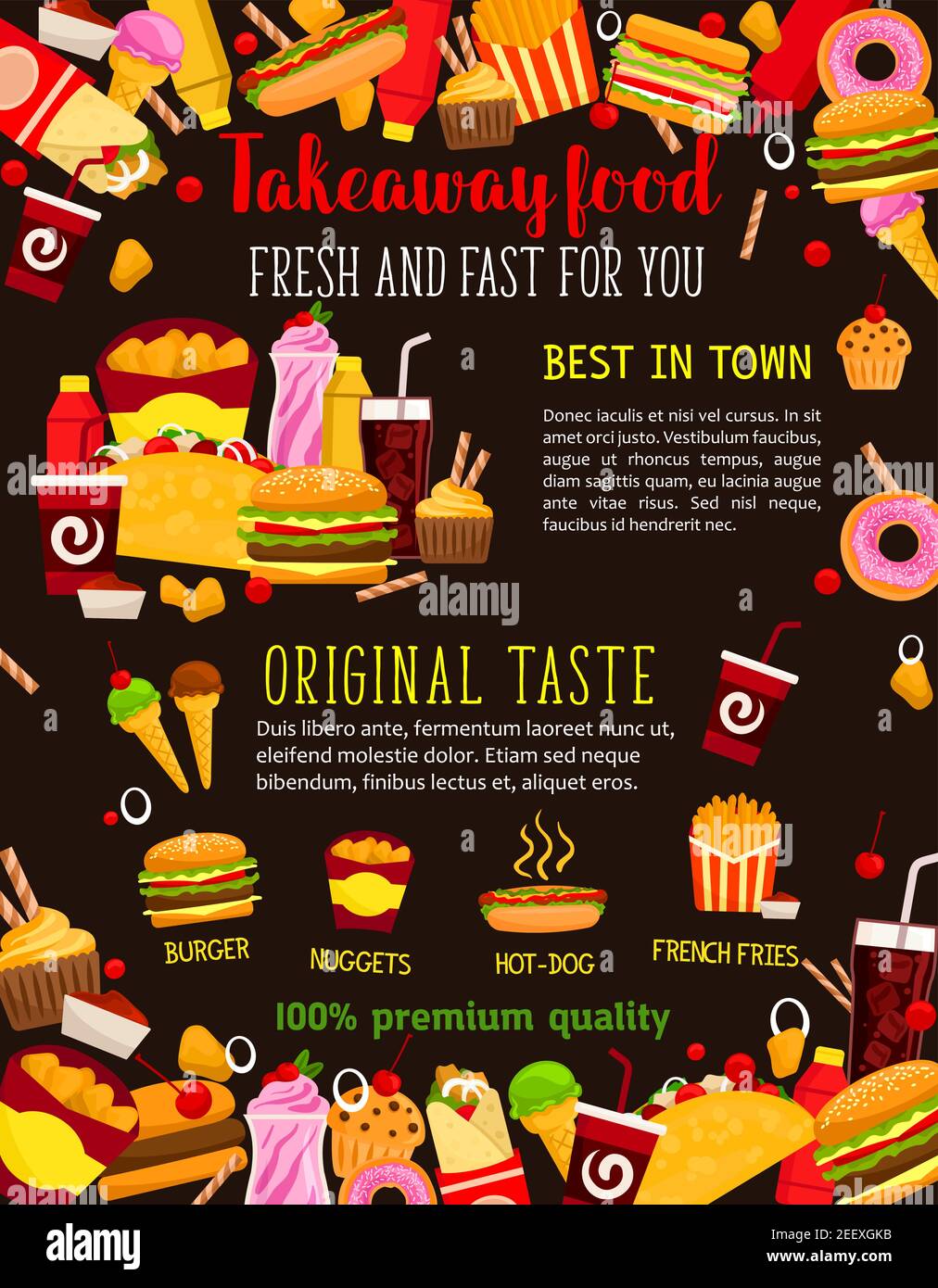 Fast food restaurant meal poster with takeaway dishes frame. Burger ...