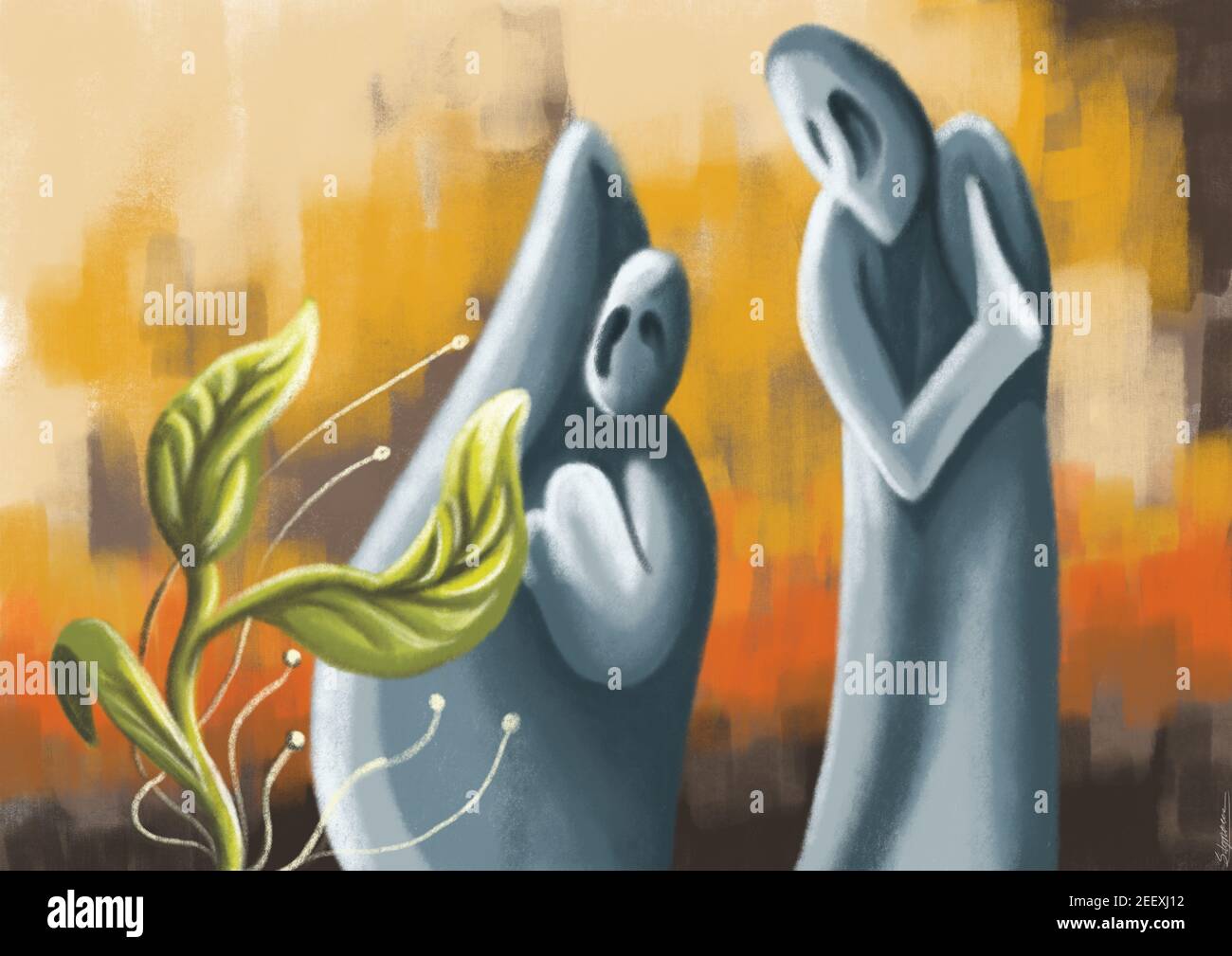Environmental awareness illustration. Two figures afraid of plants ...