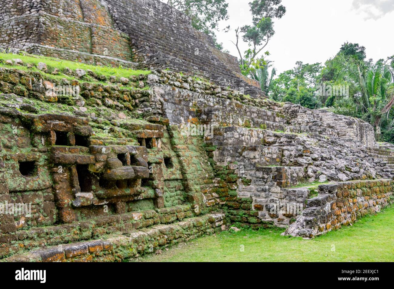 Temple of the Jaguar Masks at the Mayan ruins of Lamanai, in the Orange ...