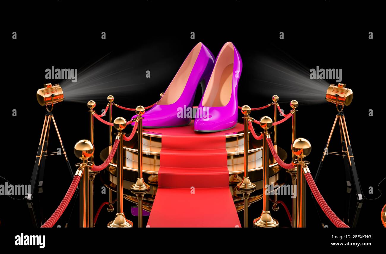 Podium with high heel shoes, footwear. 3D rendering isolated on black ...