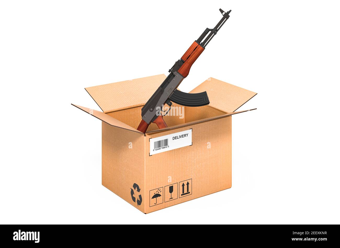 Assault rifle inside cardboard box, delivery concept. 3D rendering ...