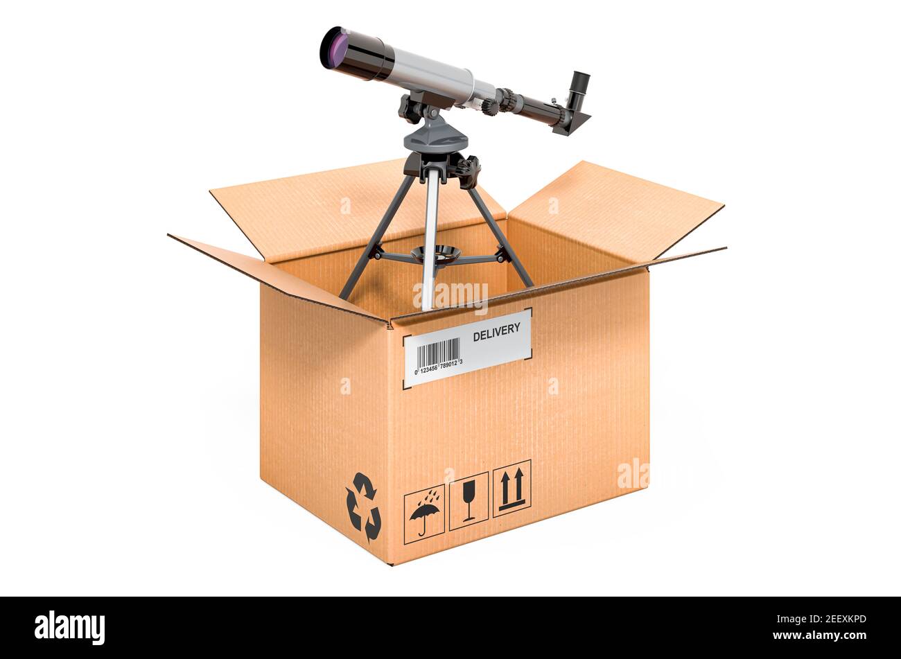 Telescope inside cardboard box, delivery concept. 3D rendering isolated ...