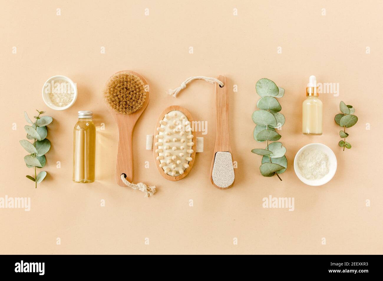 Spa treatment concept. Natural, Organic spa cosmetics products with eucalyptus oil, sea salt ...