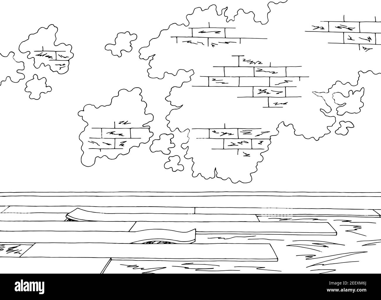 Old room graphic black white home interior brick wall sketch ...