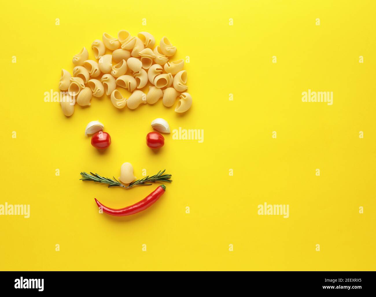 Funny portrait of a chef. Using ingredients for making pasta. Copy ...