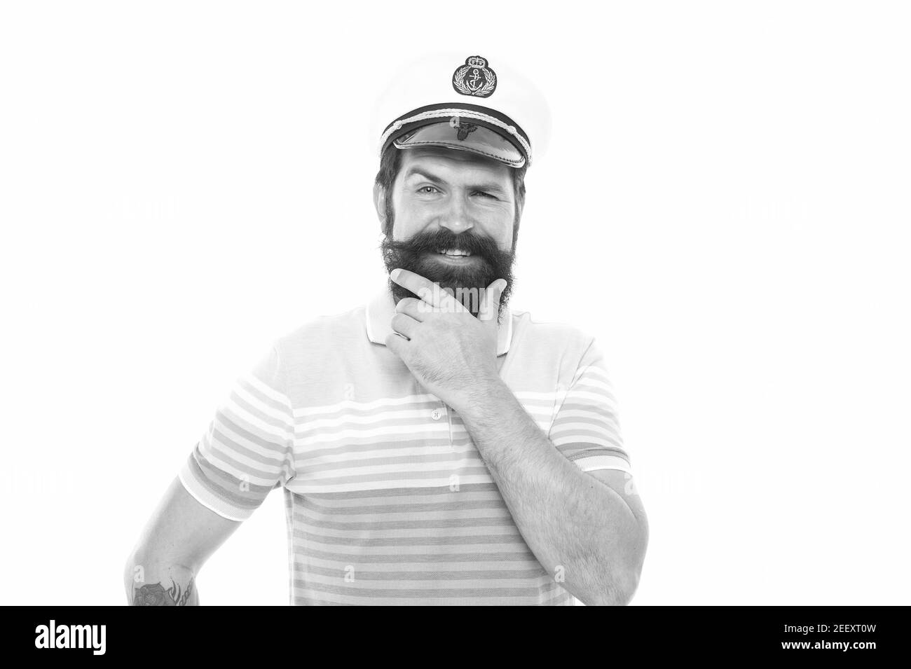 Man cheerful captain sailor hat trip around world, travel by sea ...