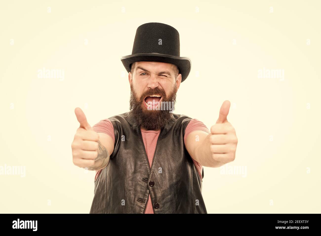 Magician circus worker. Man bearded guy cheerful face solve problem as ...