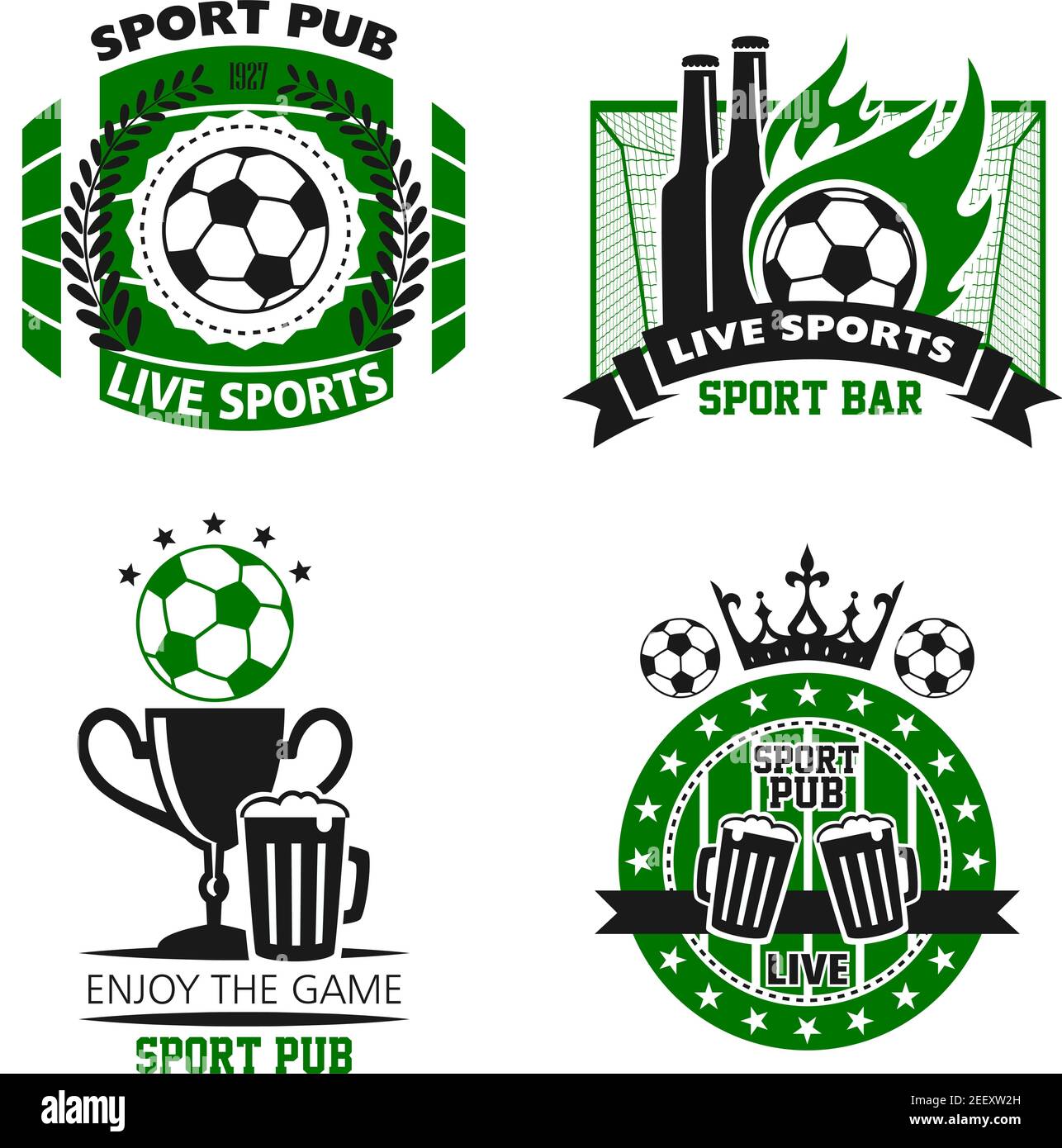 Sport pub symbol with football game items. Soccer ball, beer and winner ...