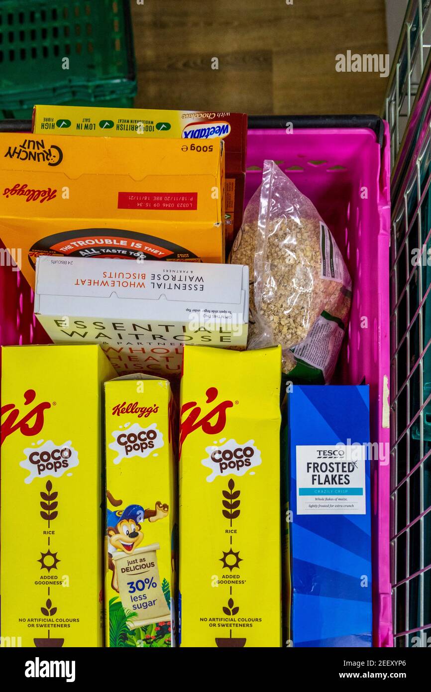 A crate of breakfast cereal forming part of the food donations to a ...