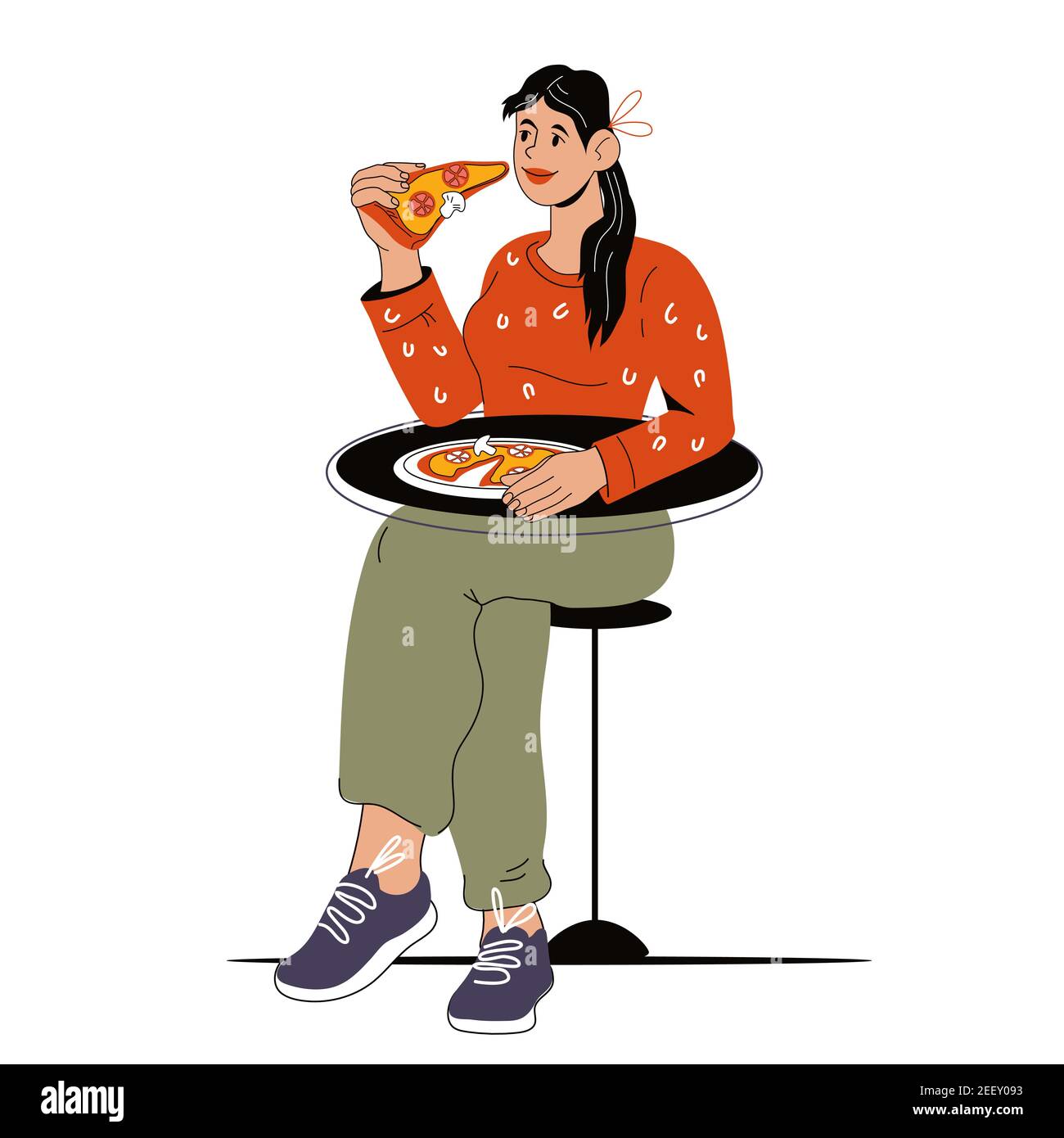 Young woman sits at the table and eats pizza, cartoon vector ...