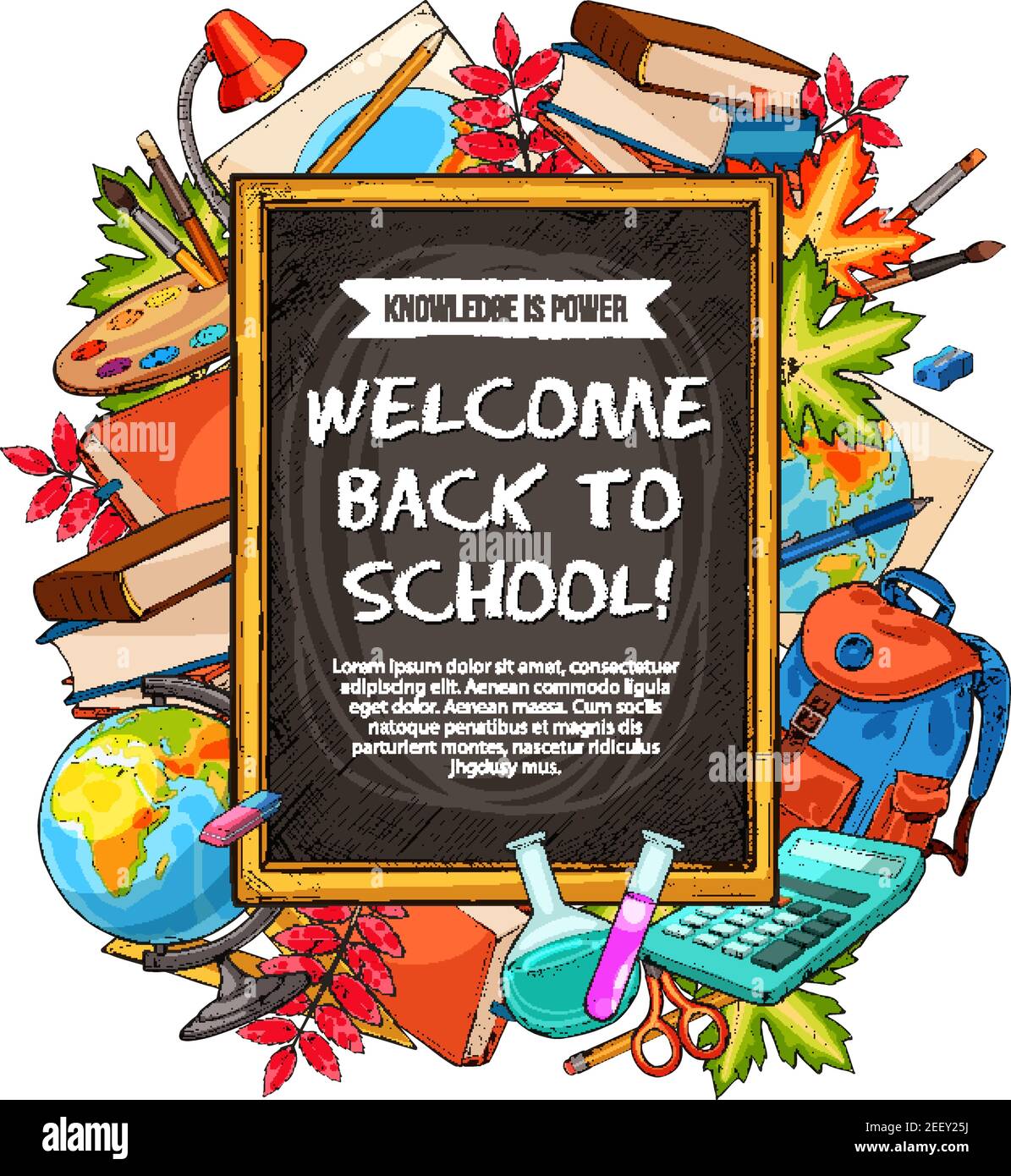 Back to school welcome banner with education supplies and chalkboard ...