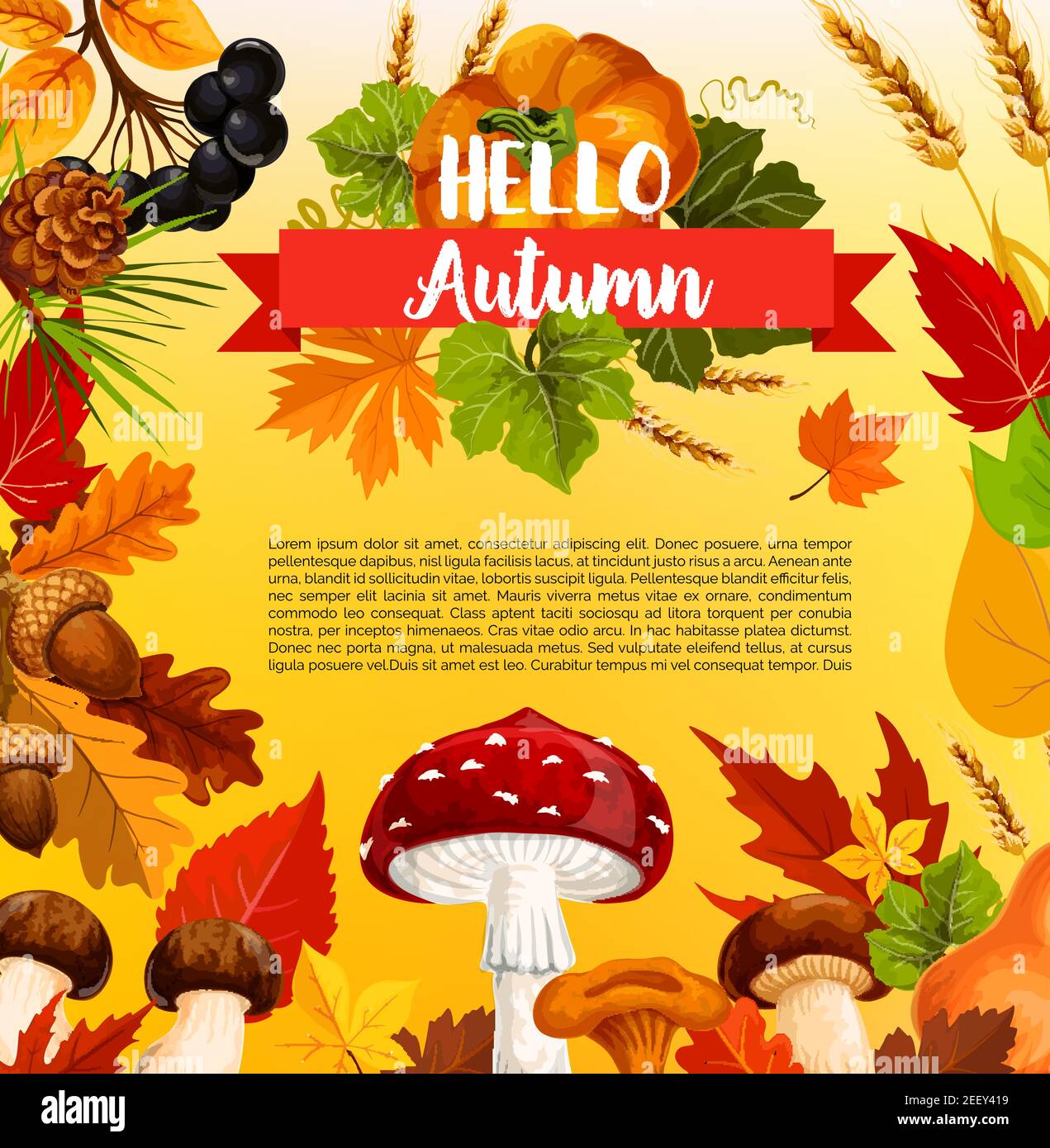 Hello autumn poster template with fall leaf and forest nature. Orange ...