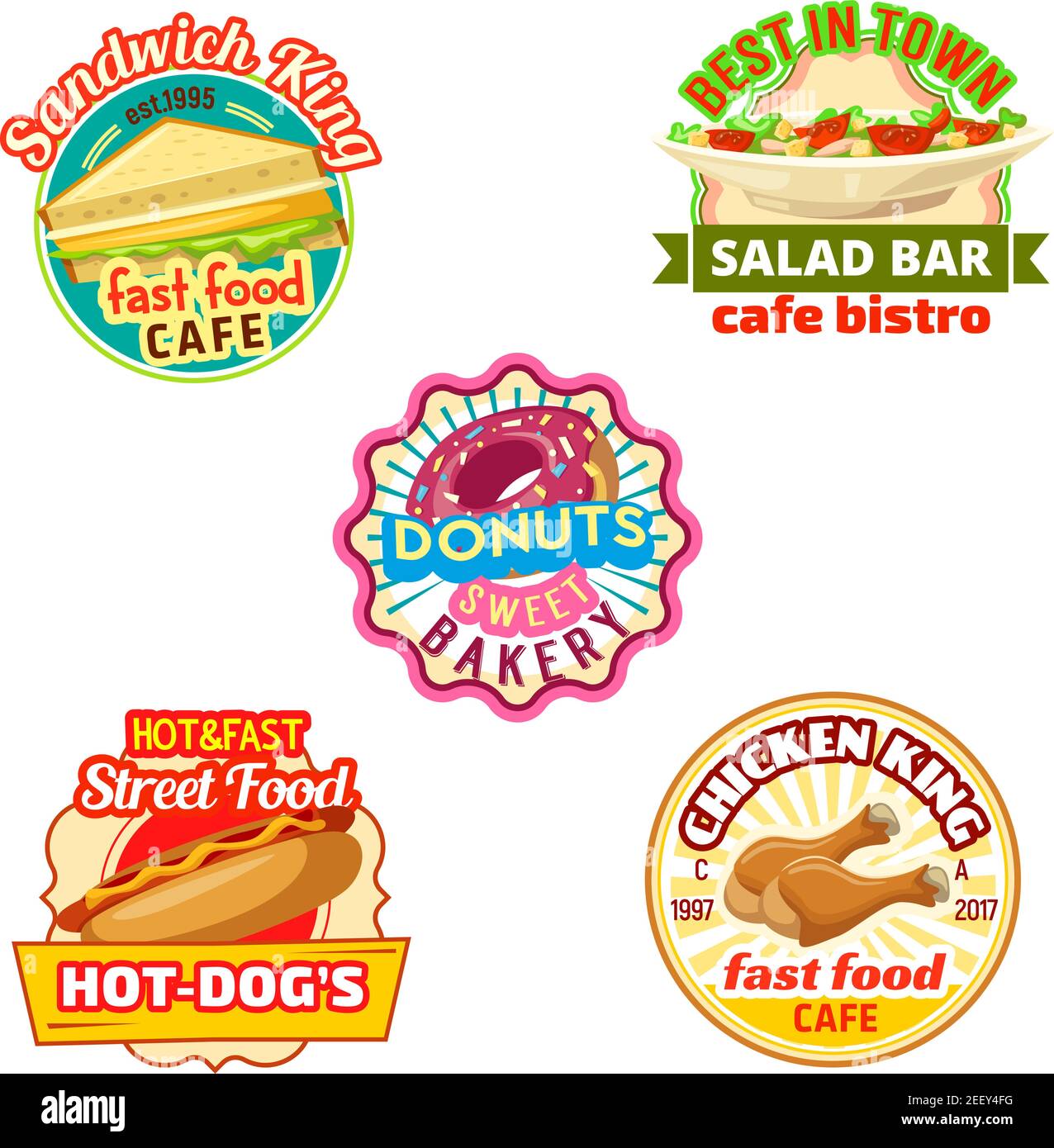 Fast food restaurant, donut shop and cafe bistro badge set. Hot dog ...