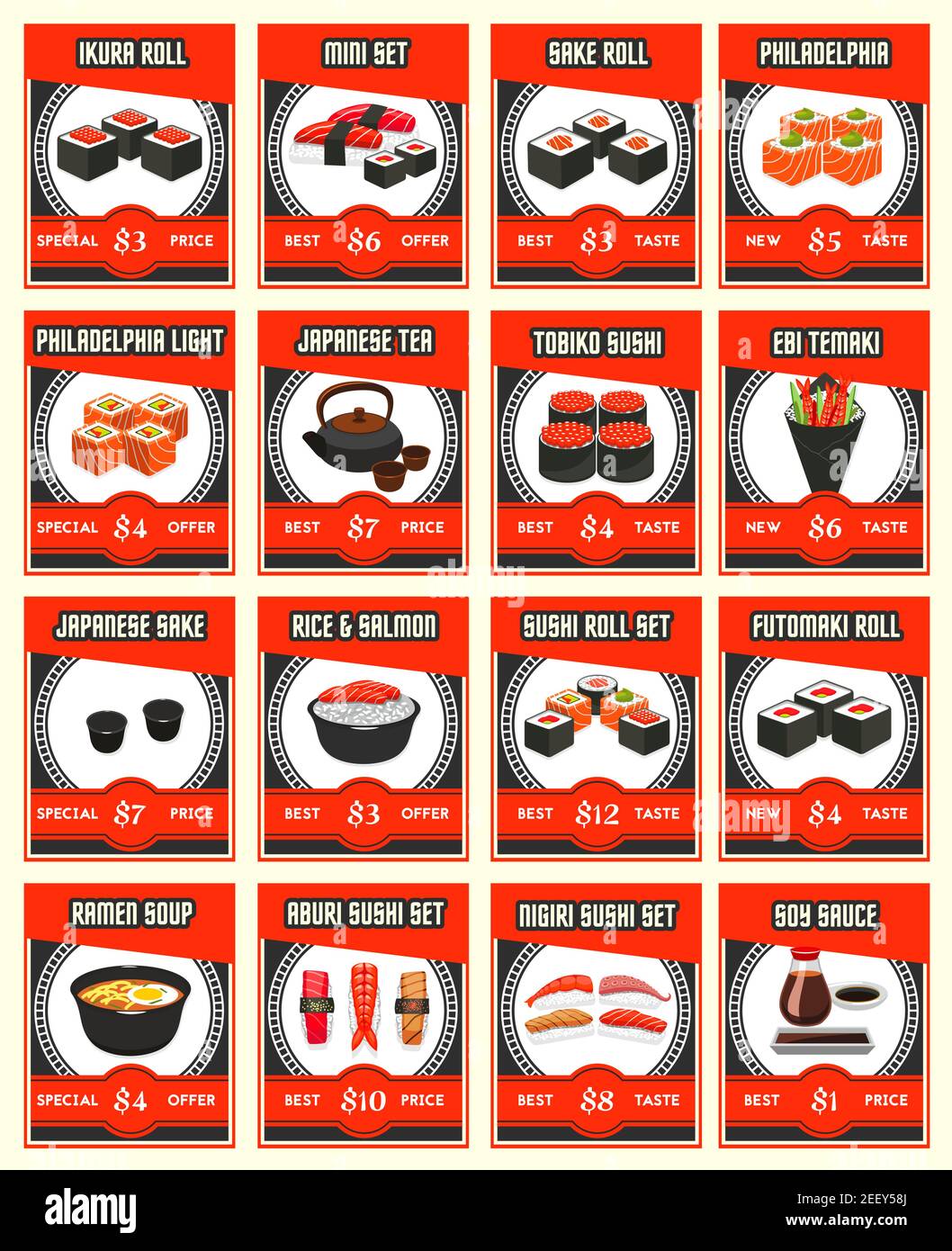Japanese food price card of sushi bar and asian cuisine restaurant menu ...