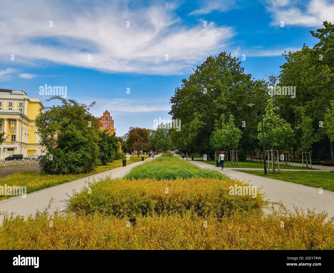 Pathways with colorful path with flowers and bushes between at sunny ...