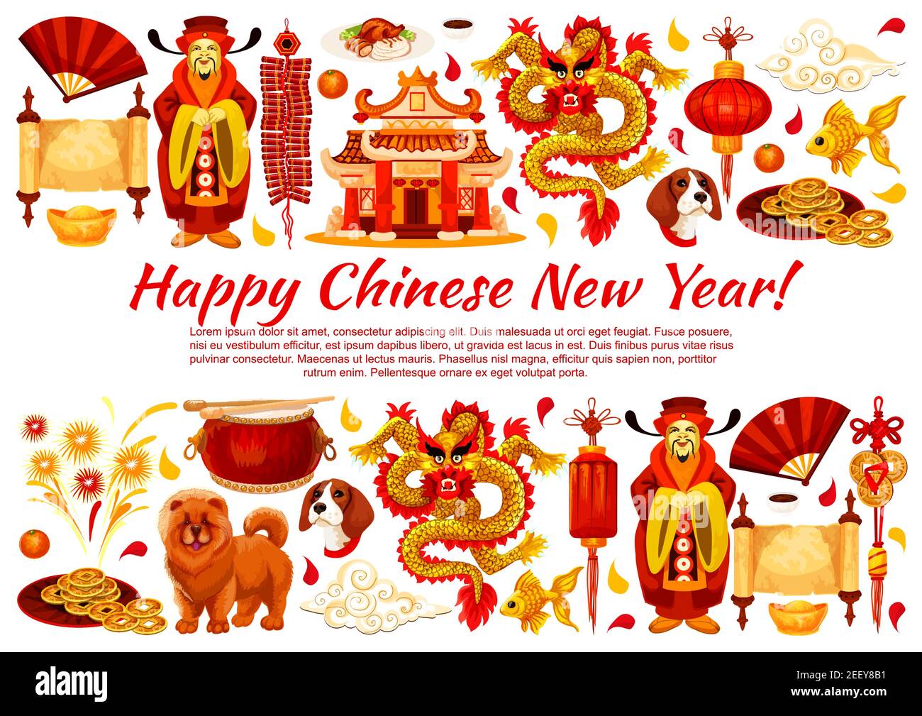 Happy Chinese New Year greeting card of traditional Chinese symbols for ...