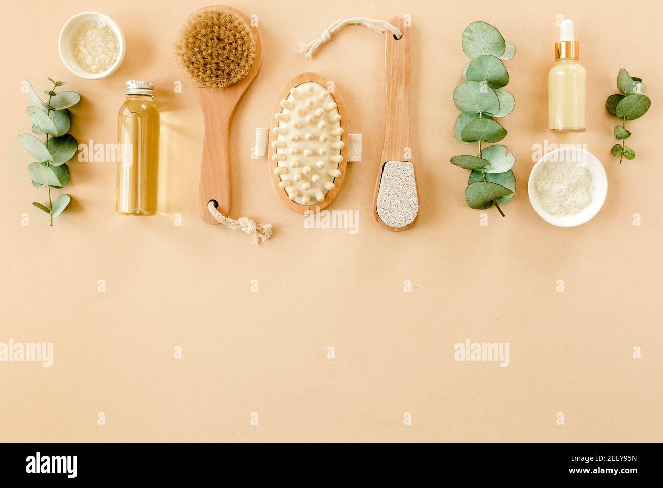 Spa treatment concept. Natural, Organic spa cosmetics products with eucalyptus oil, sea salt ...