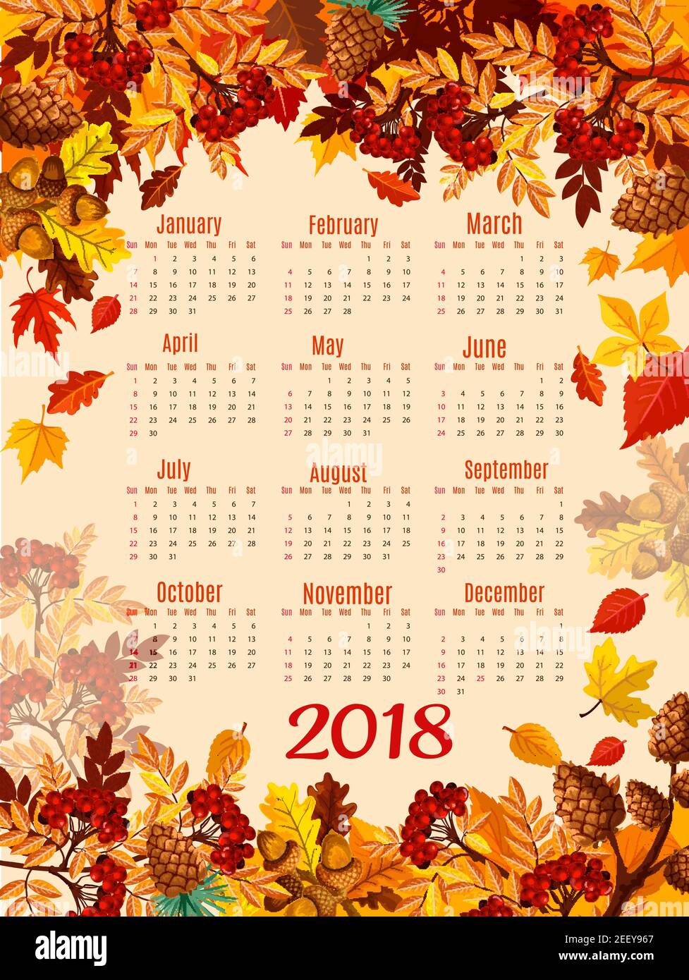 Calendar template of autumn nature season leaf. 2018 year calendar with ...