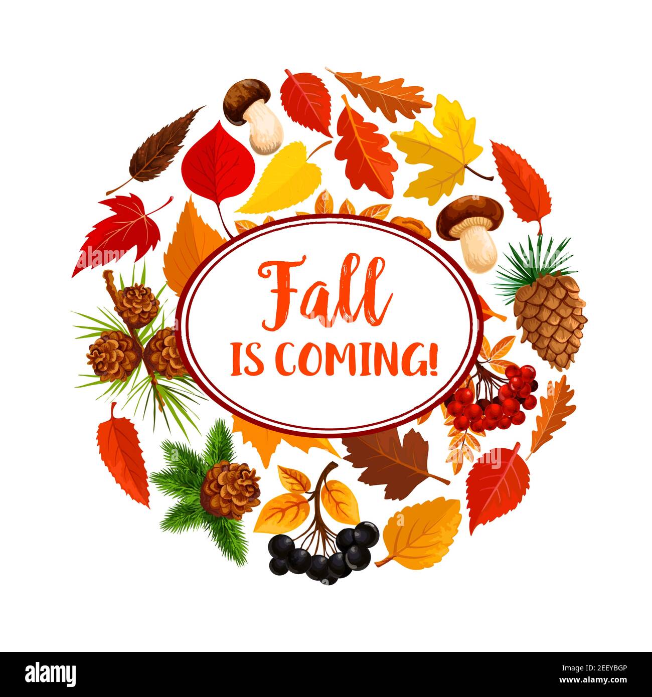 Hello autumn poster of fallen leaves and mushroom. Yellow foliage of ...