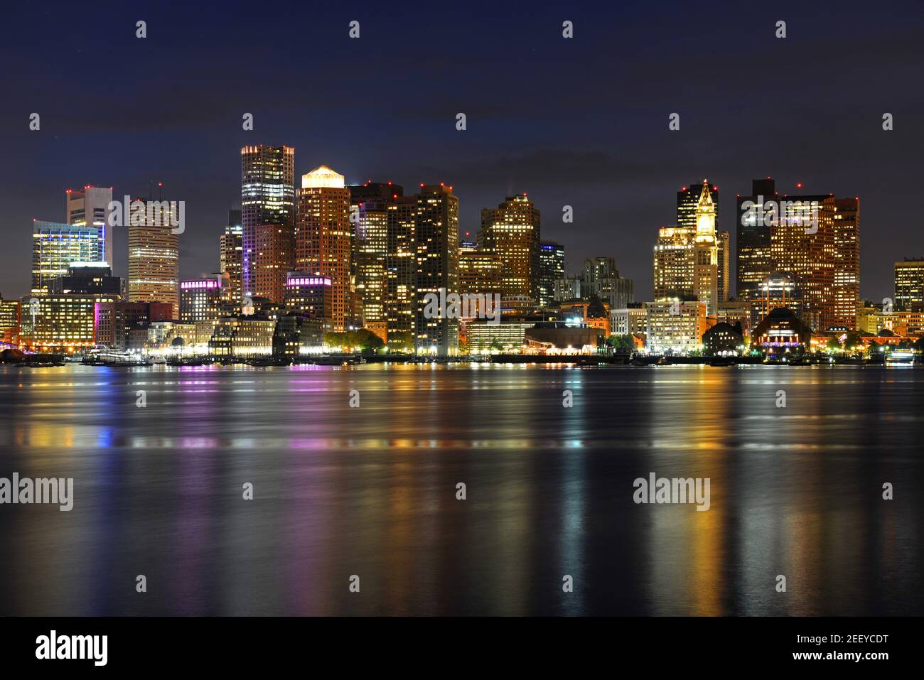 Boston City Skyscrapers, Custom House and Boston Waterfront at night ...
