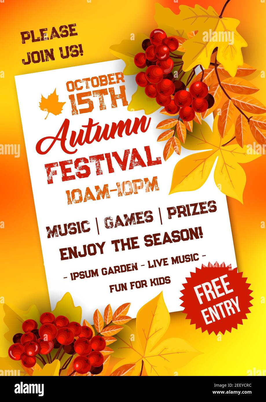 Autumn festival poster template with yellow fallen leaves. Rowanberry ...