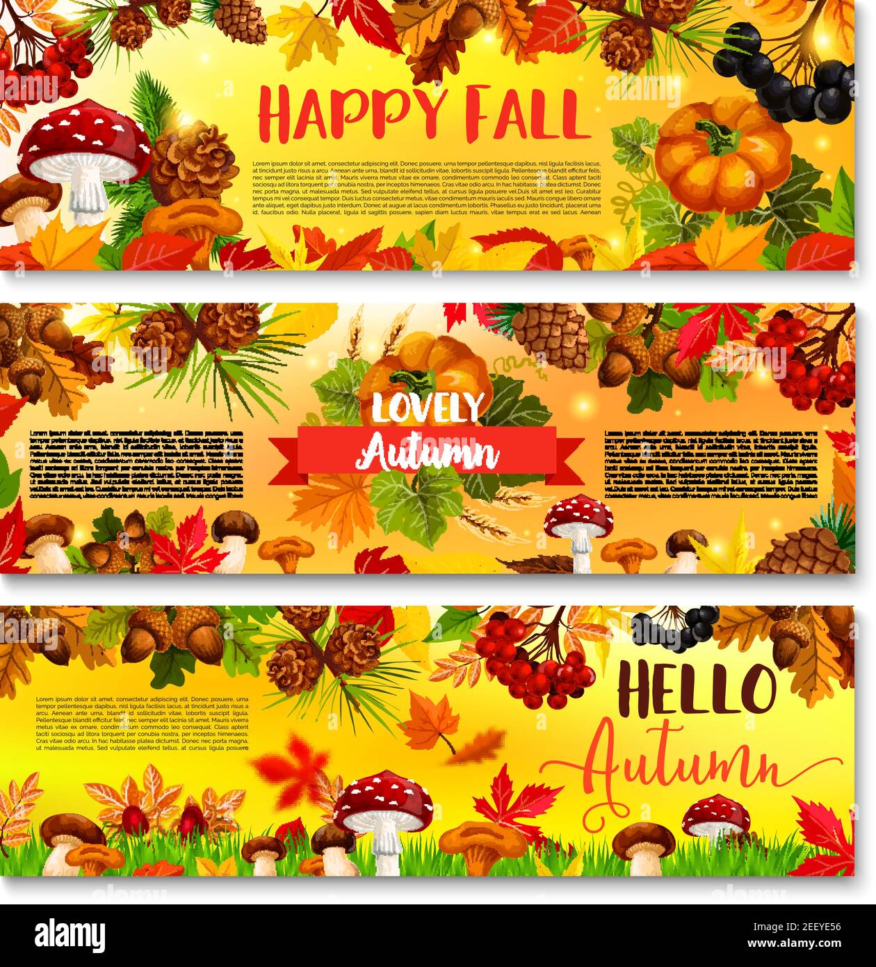 Hello Autumn or Happy Fall banners of pumpkin, forest mushroom nature ...