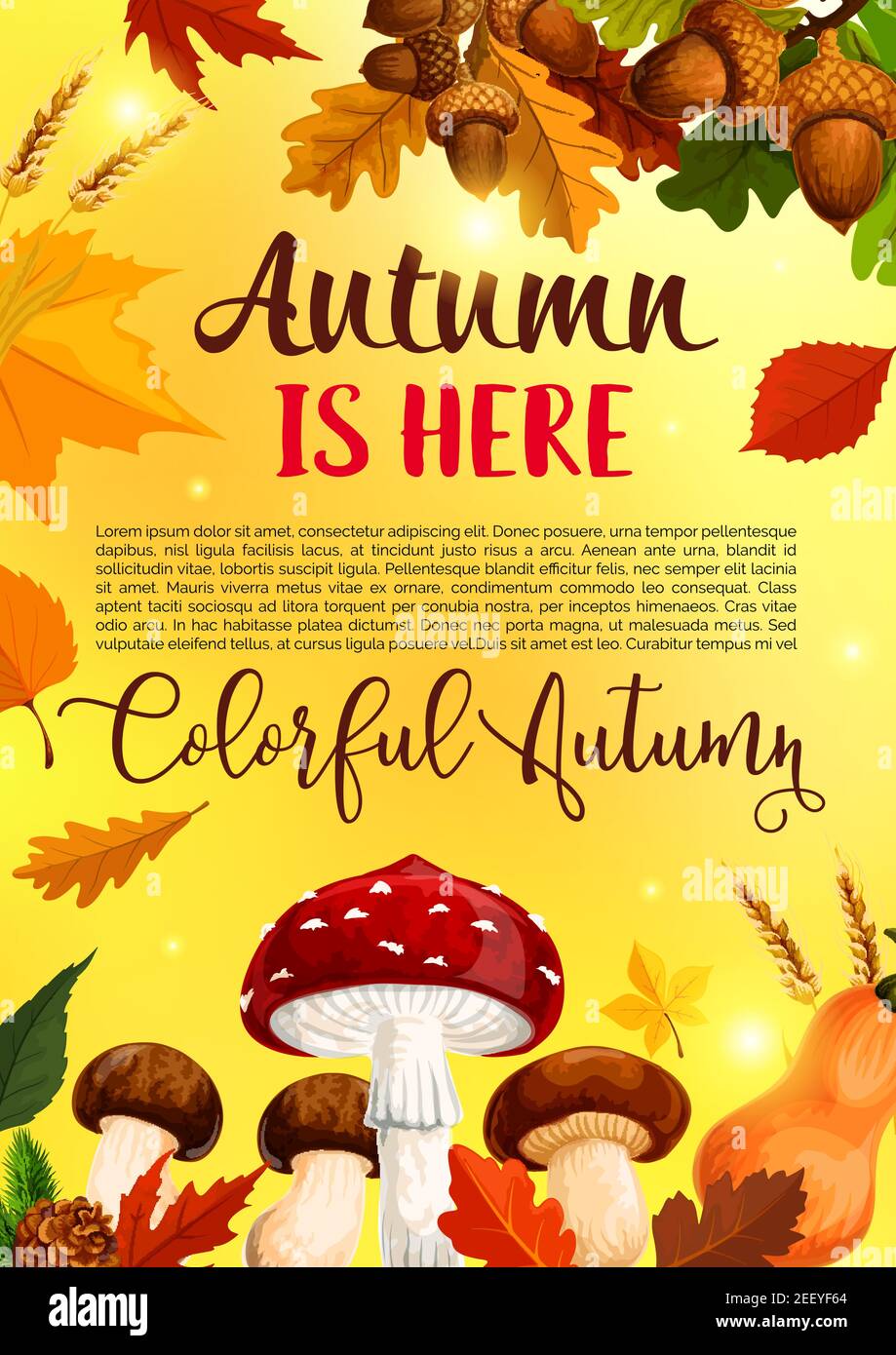 Autumn is here poster of forest nature fall, mushroom amanita, cep and ...