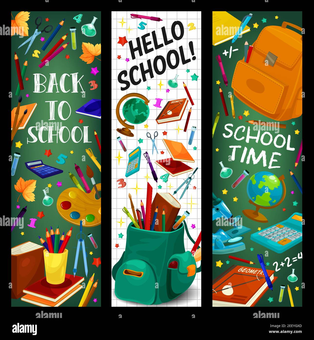 Back to School banners of stationery geography globe, lesson book or ...