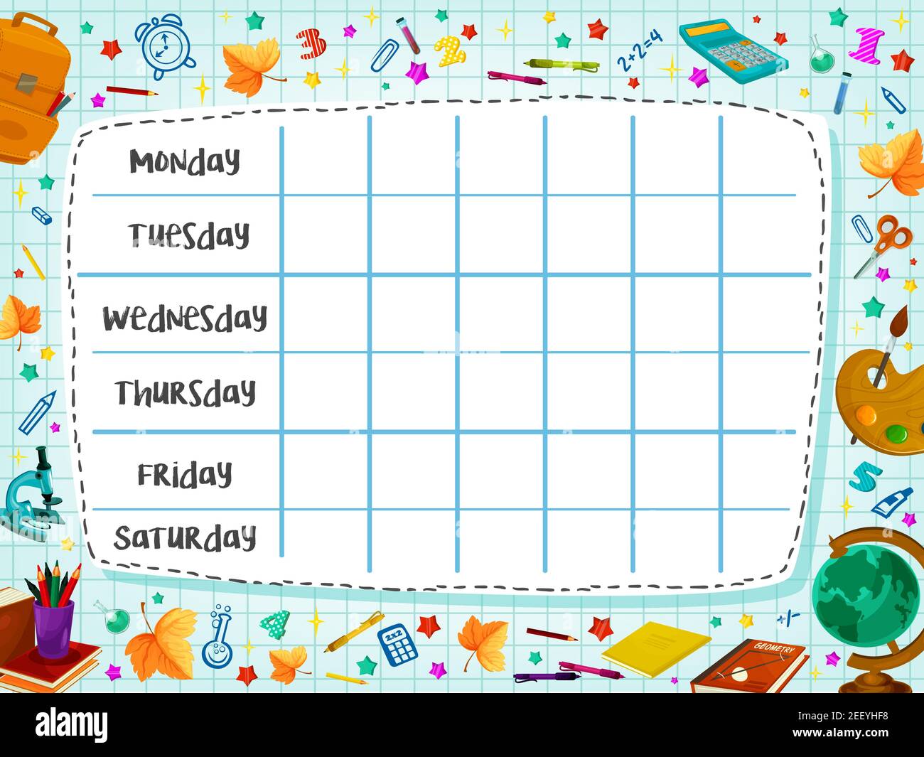 School timetable template or weekly lesson schedule on checkered page ...