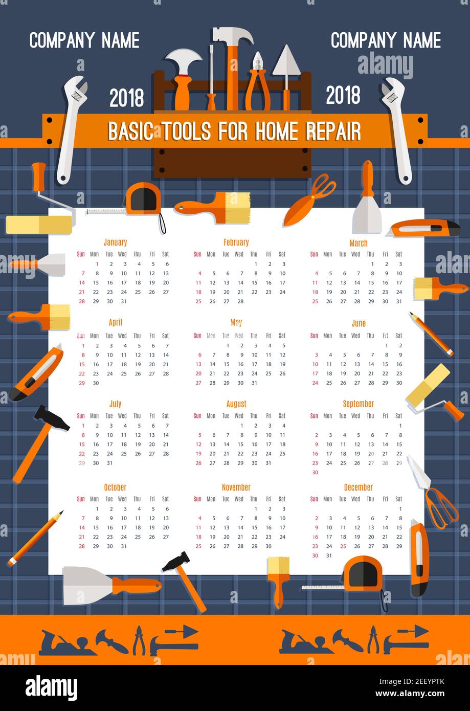 House repair work tools 2018 calendar poster template. Vector design of ...