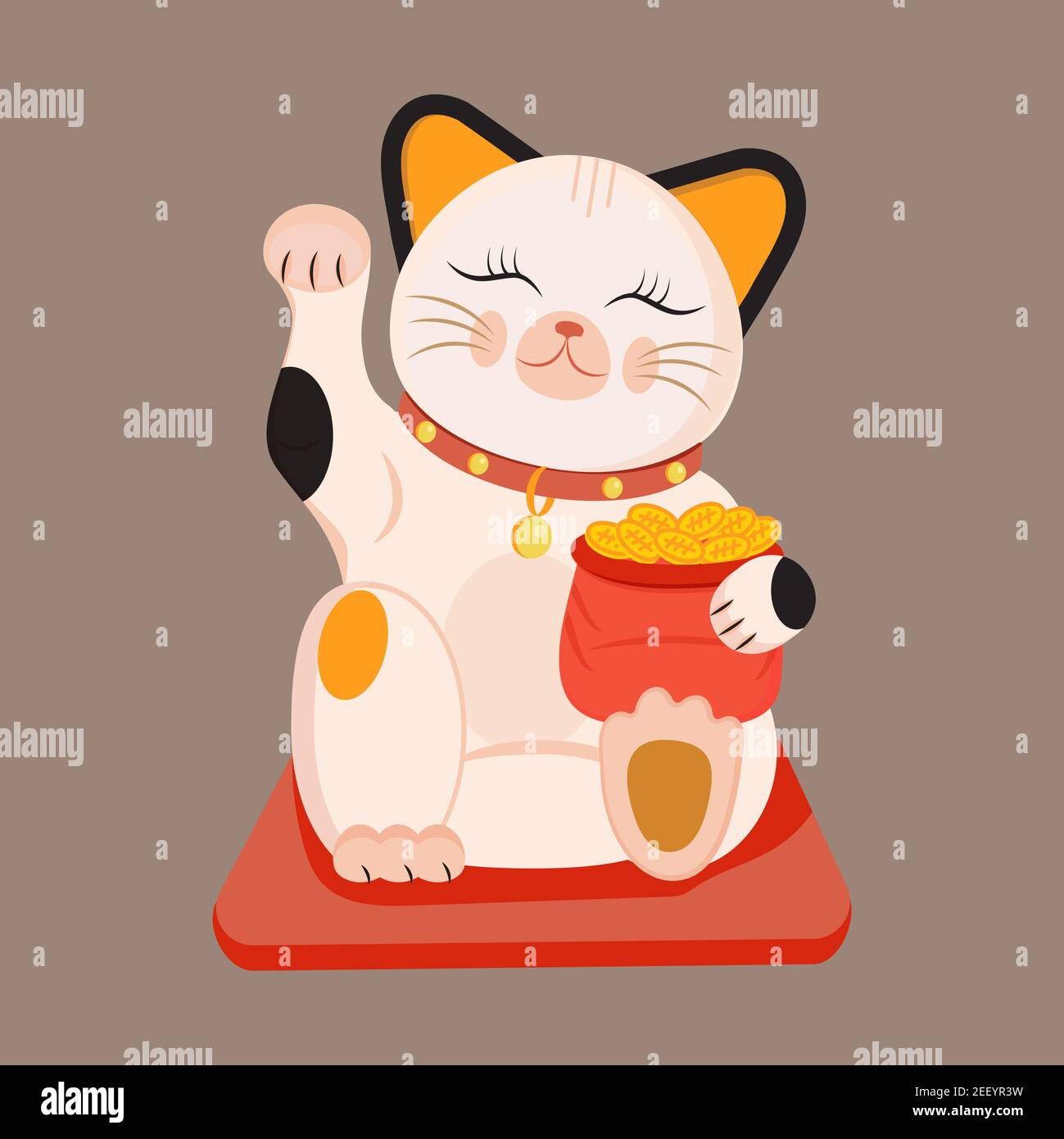 Maneki neko vector isolated on brown background. Lucky cat in japanese traditional culture ...