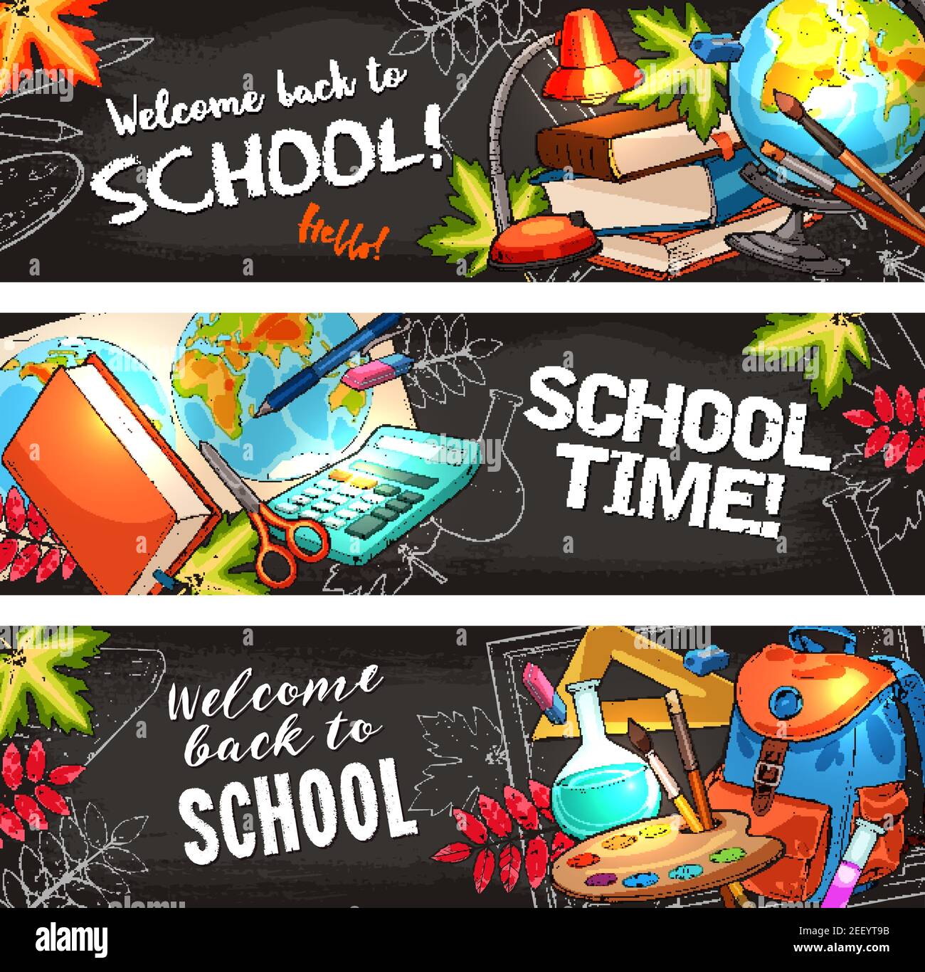 School supplies on chalkboard banner set for education template. Pencil ...