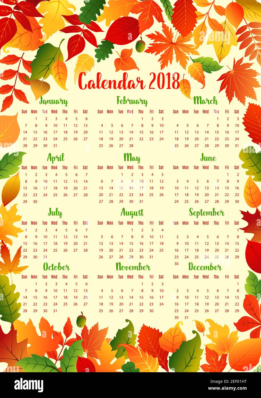 Autumn calendar template with fall leaf frame. Year calendar of 2018 ...