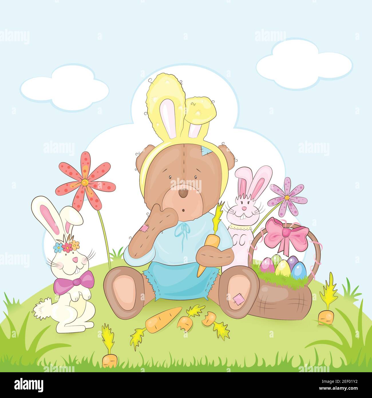 Cute Teddy bear with bunny ears sits on the meadow and eats carrots ...