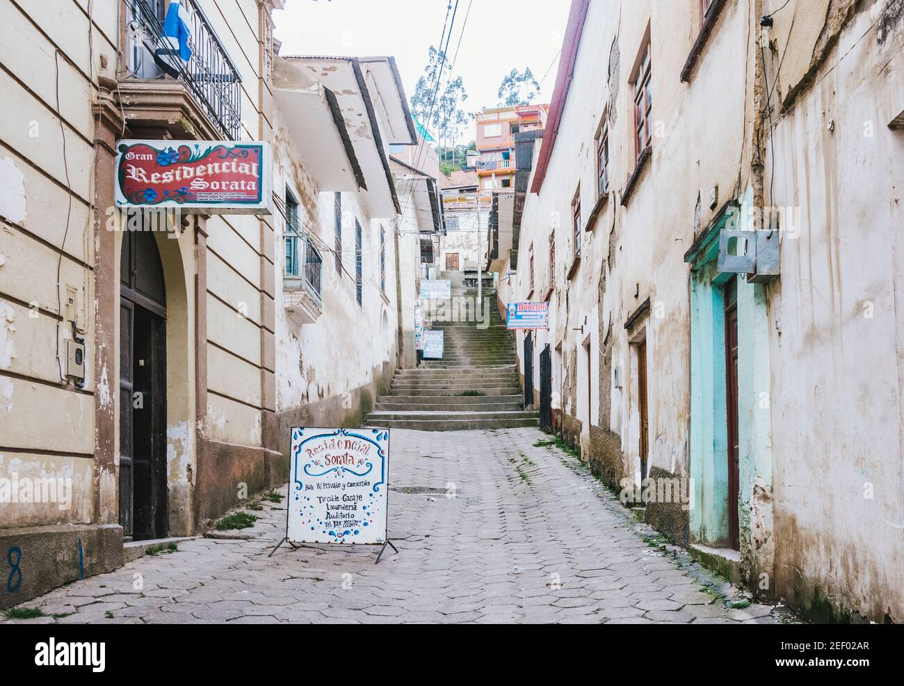SORATA, BOLIVIA - JANUARY 29, 2018: Urban scene with colonial style ...