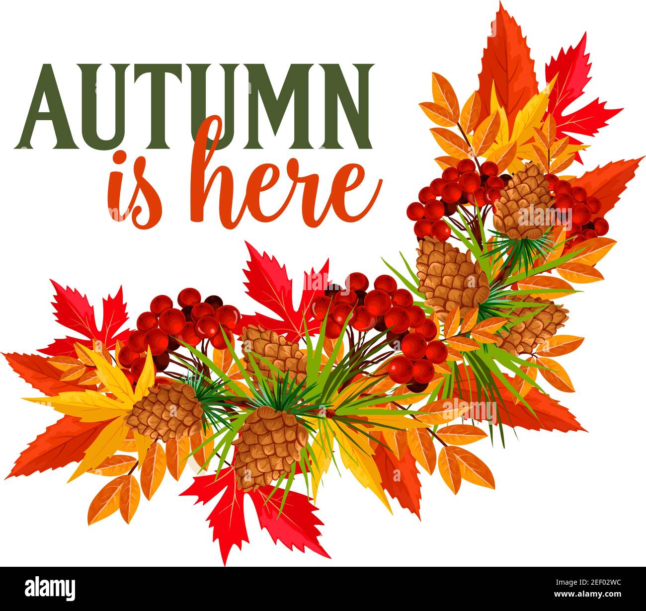 Autumn is here quote and foliage wreath of maple, birch or rowan berry ...