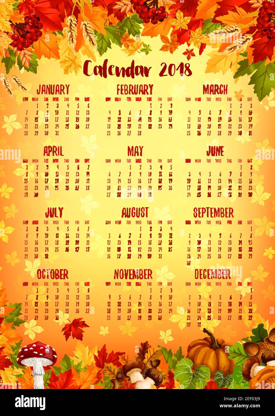 Autumn calendar template of fall nature season. 2018 year calendar with ...