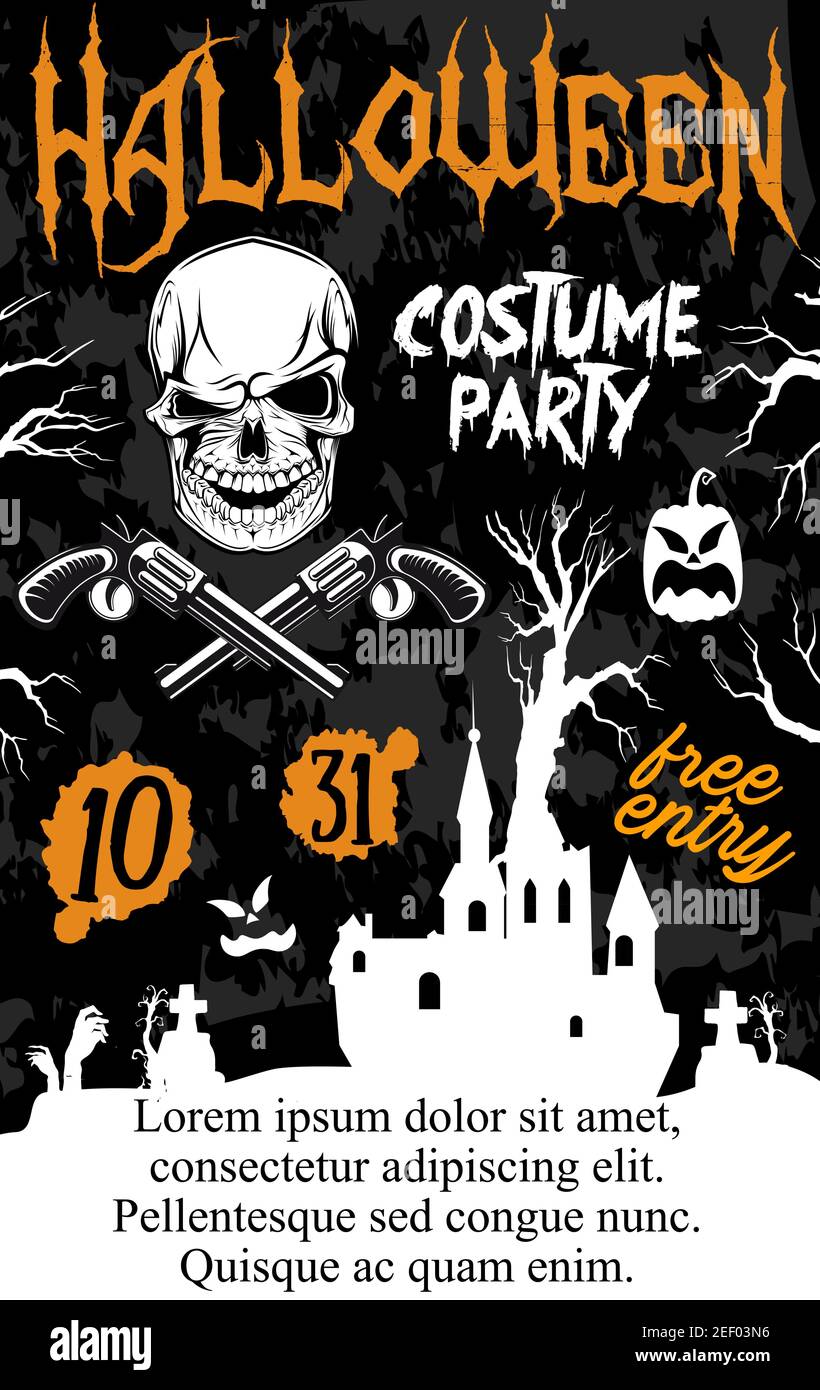 Halloween holiday zombie party poster. Ghost haunted house and zombie ...