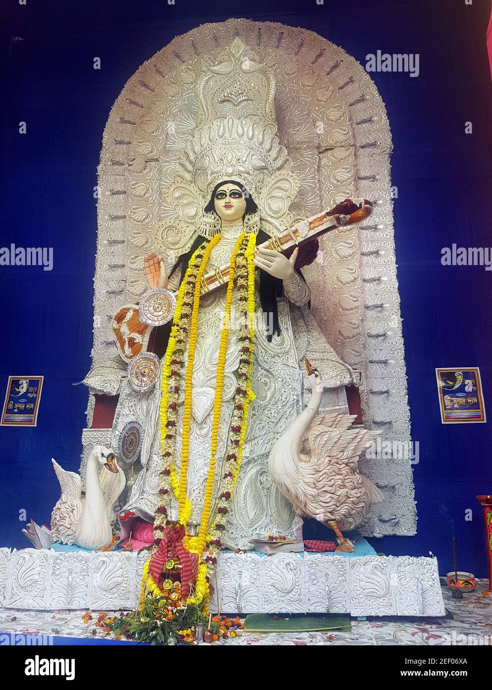 An idol of Hindu goddess Saraswati inside a pandal on Basant Panchami ...