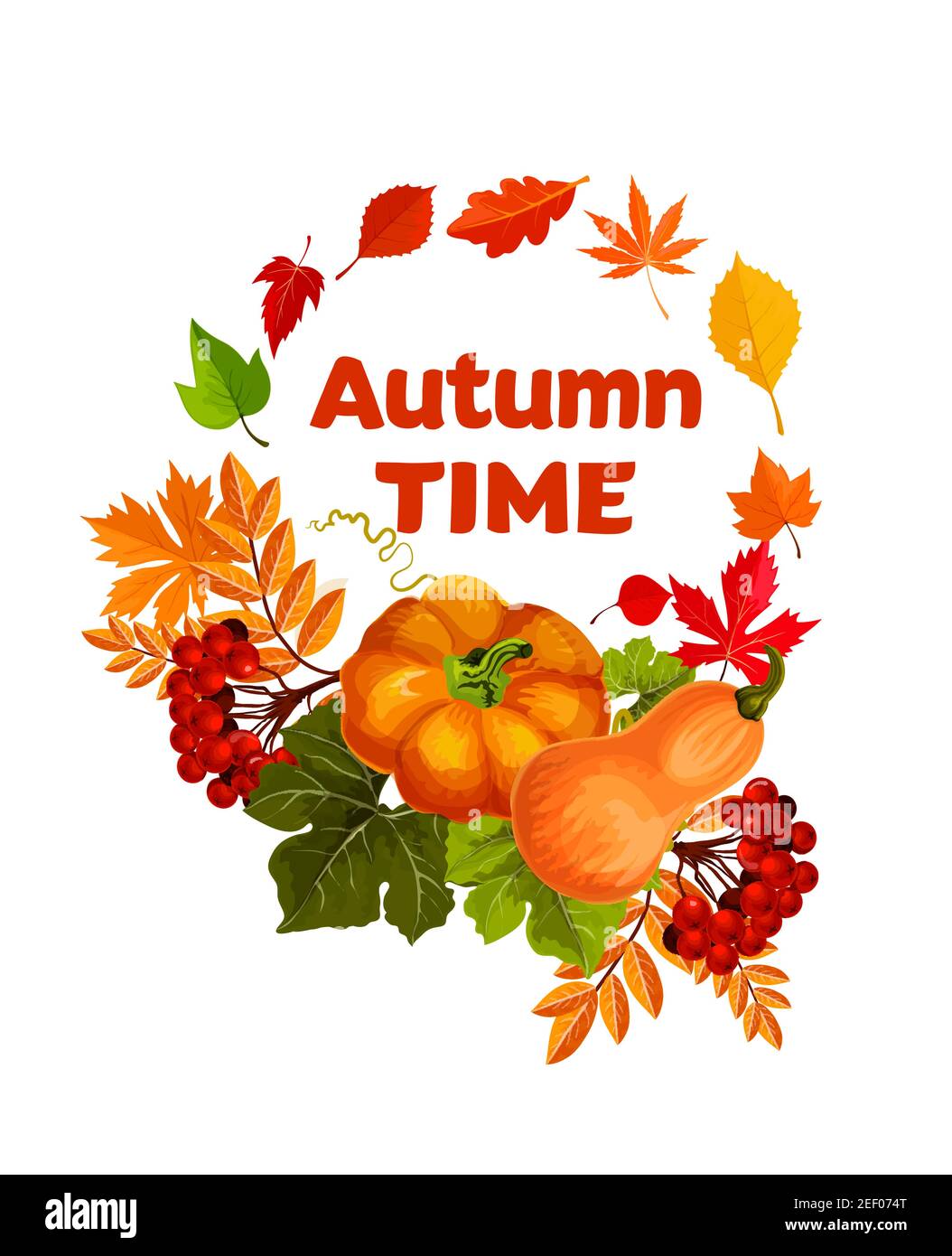 Autumn harvest pumpkin and leaf poster. Fall season maple leaves ...