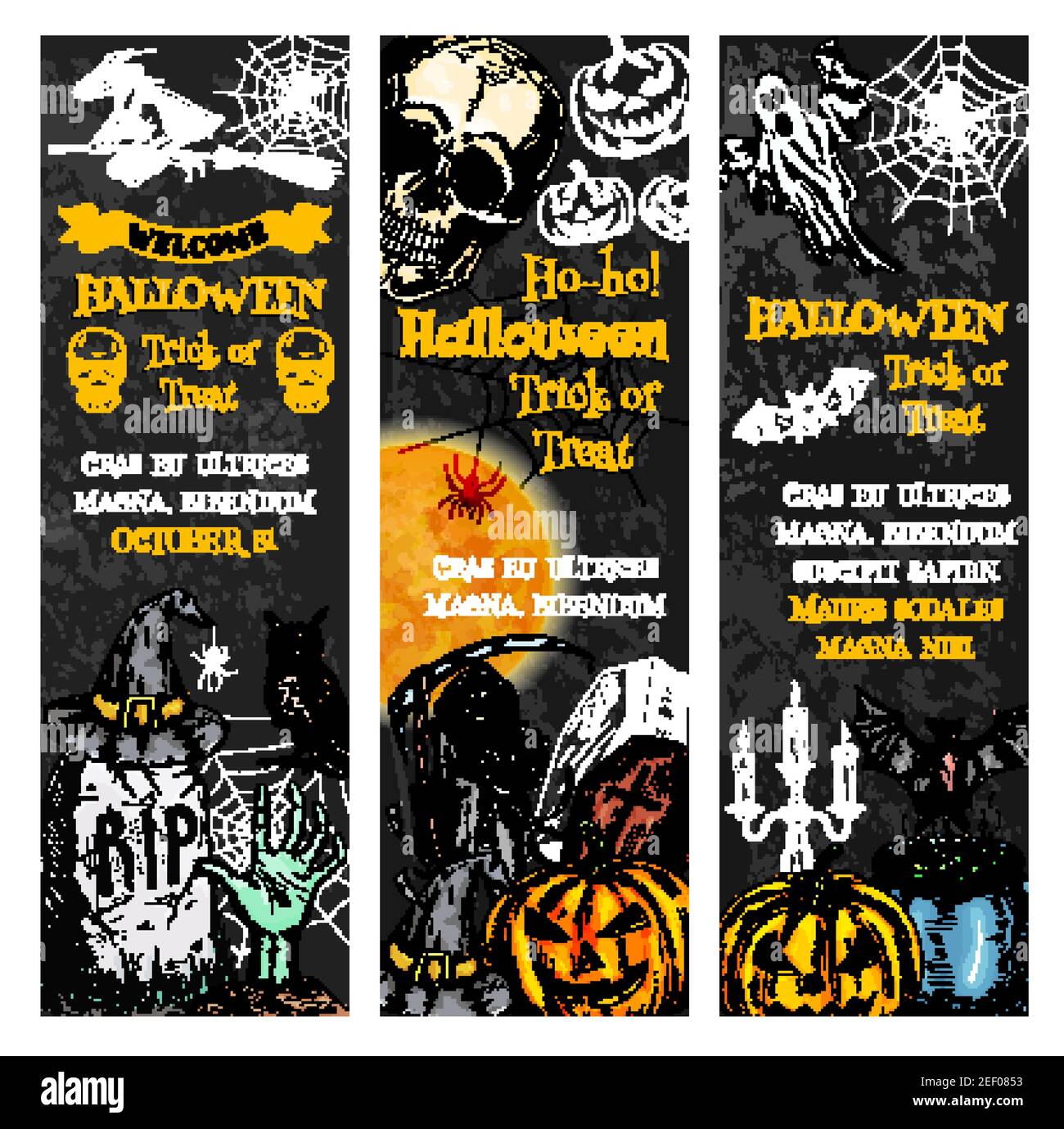 Halloween pumpkin, ghost and skull chalkboard banner set. Horror witch ...
